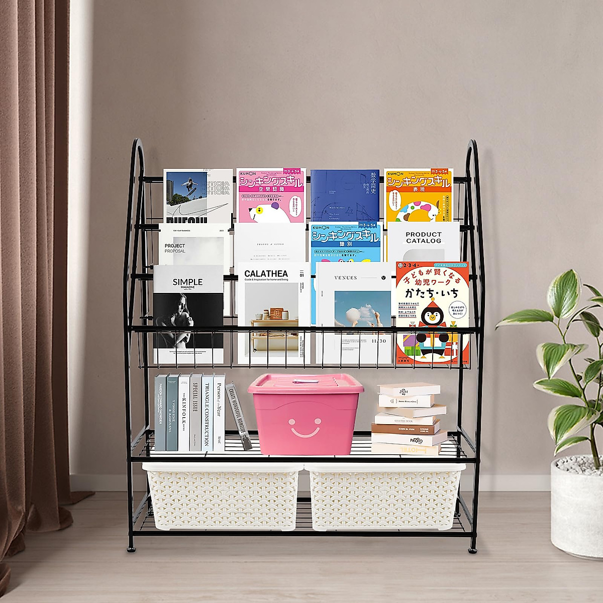 TTONSUE Kids Bookshelf Freestanding for Children Room Large Black Metal Bookcase Large Capacity Books Toys Organizer for Bookstore Library