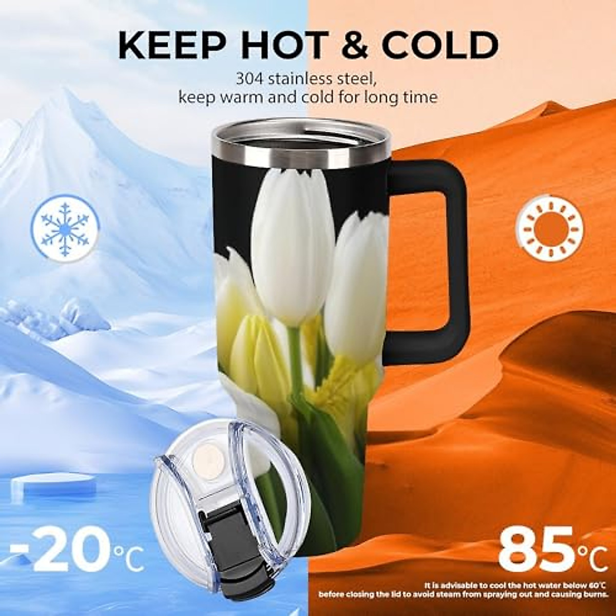 YTLKGFP 40 Oz Large Capacity Car Cup Different Flowers Tumbler with Handle (Black) Straw Lid Insulated Stainless Steel Water Bottle Travel Mug Leak-proof Car Cup Keeps Cold Or Hot