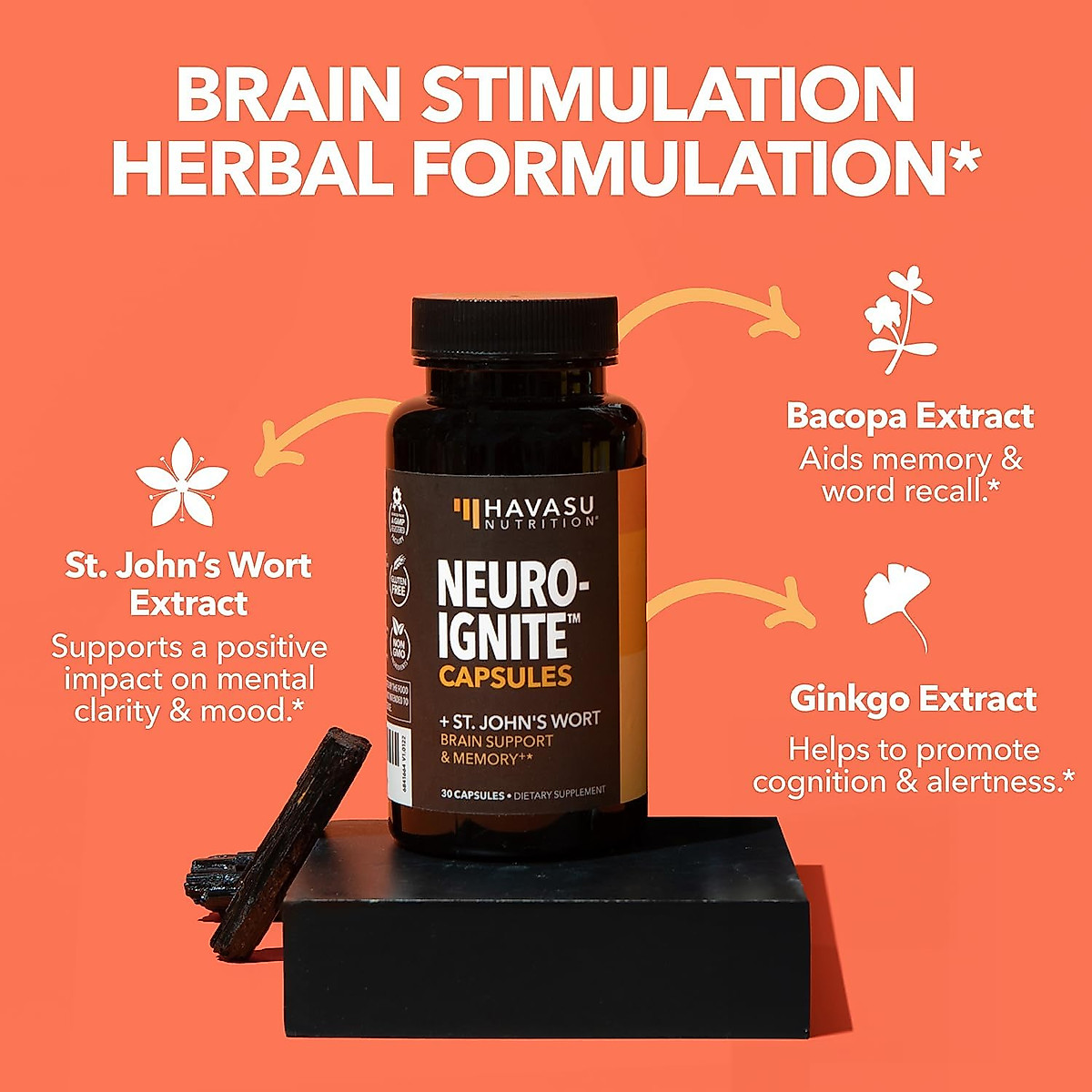 NeuroIgnite Brain Supplements for Memory and Focus Support with St Johns Wort & Ginkgo Biloba | Nootropics Brain Support Supplement | Cognitive & Memory Supplement for Brain Health | 1 Month Supply
