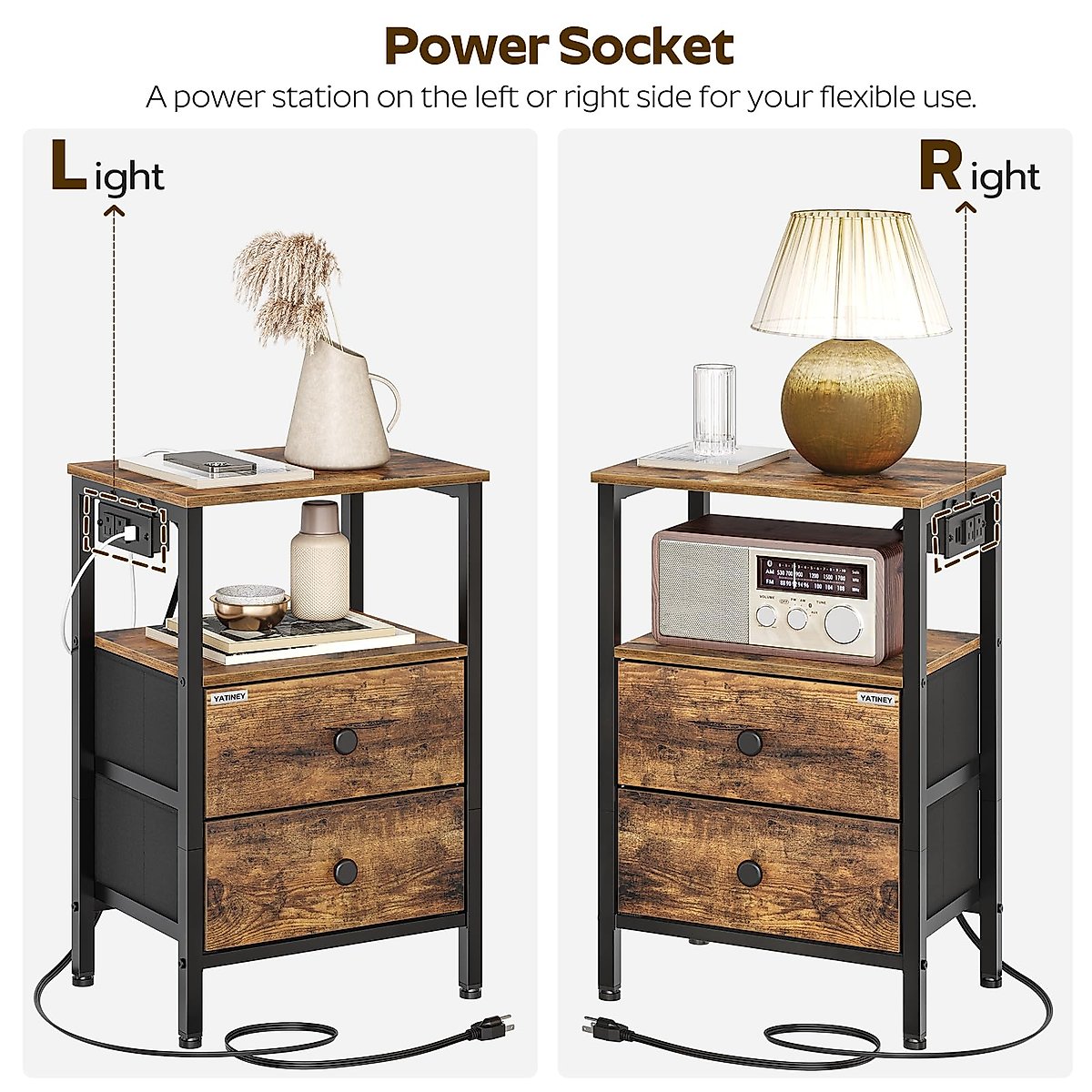 YATINEY Nightstands Set of 2, Dorm Night Stand with Charging Station, Bedside Tables with 2 Non-Woven Drawers, Side Table for Dorm Room, End Table for Small Spaces, College, Living Room ET02L2BR