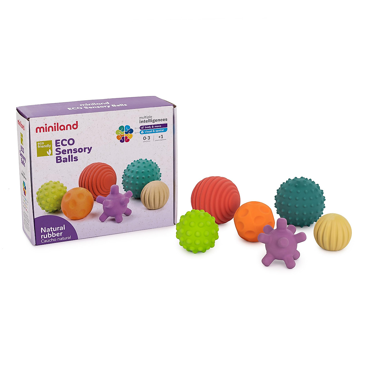 Miniland 6 Sensory Balls, Babies Birth to Toddlers Age 4, Natural Rubber Latex, Soft Teething Toys, Easy Grip Play, Textured, Colors Multi-Sensory Stimulation, Motor Skill Development