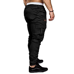 PLEPAN Men's Casual Cargo Pants Joggers Hiking Sweatpants Stretch Elastic Waist Work Pants with 6 Pockets Black Large