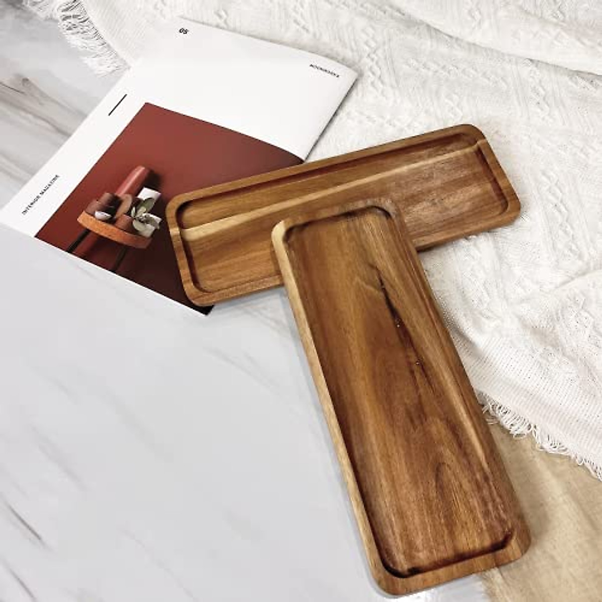 Wood Serving Tray, Wooden Trays,Small Wood Tray Wood Platter for Serving Food Dessert Appetizer Cheese Boards Fruit Cookie Vanity Home Decor Bathroom Tray Set of 2 Acacia 11" x 4"