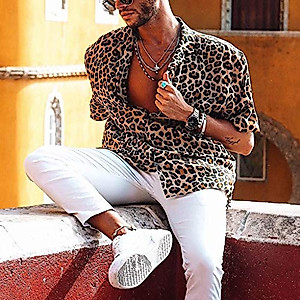 YOMXL Men Vintage Leopard Print Shirt Summer Beach Tee Lapel Collar Short Sleeve V-Neck Button Tops