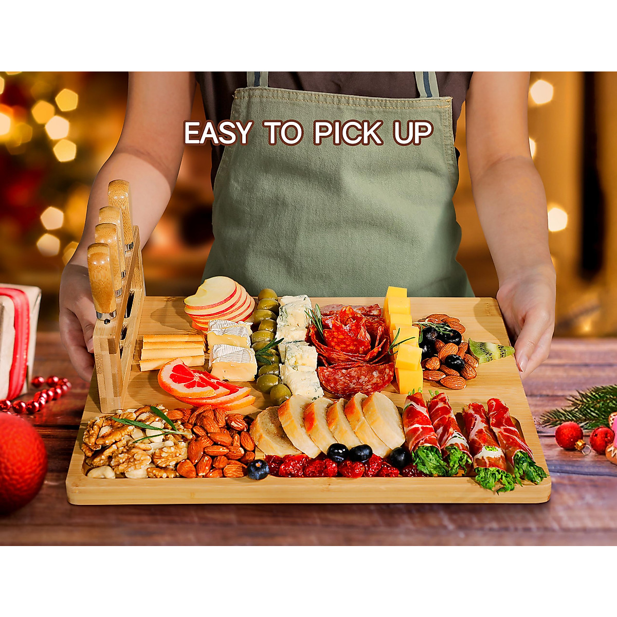 Easoger Cheese Board and Knife Set - Extra Large Charcuterie Boards with Magnetic Knife Holder, Cheese Platter Gift for Christmas, House Warming, Wedding, Anniversary, Thanksgiving