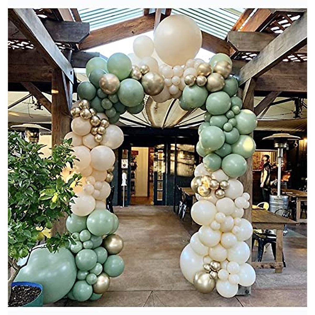 Sage Green Balloon Garland Arch Kit- Double Stuffed Sage Green Balloons Ivory White Metallic Chrome Gold Balloons for Baby Shower Jungle Safari Wild One Birthday Party Decorations