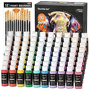 80 Colors Acrylic Paint, Shuttle Art Acrylic Paint set with 12 Paint Brushes, 2oz/60ml Bottles, Rich Pigmented, Water Proof, Premium Paints for Artists, Beginners and Kids on Canvas Rocks Wood Ceramic