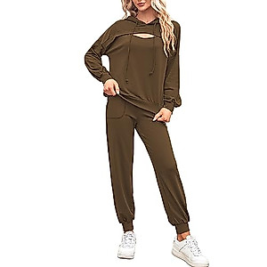 Pink Queen Two Piece Lounge Wear Sweat Sets Casual Relaxed Fit Fall Cutout Pullover Hoodies Tracksuit Ladies Running Active Drawstring Pants with Pockets Chocolate L