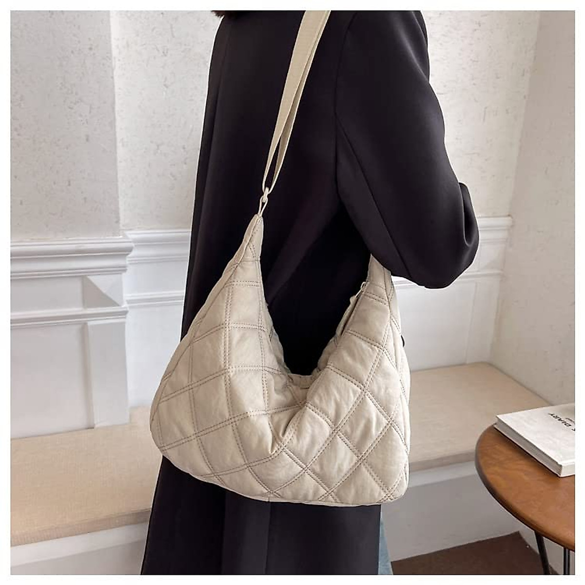 Quilted Bags For Women Crossbody Lightweight Padding Puffer Tote Bag Trendy Y2k Puffy Shoulder Bag Trendy Y2k Hobo Bag (Beige)