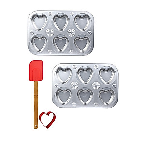 SG- (2) Heart shaped non-stick Muffin pan tin Cookies Jell shots soap corn bread **Bonus - Bamboo spatula & heart cookie cutter