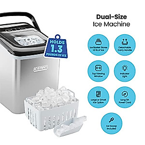 Chefman Dual-Size Countertop Ice Machine, Portable Ice Maker Machine, Creates 2 Cube Sizes in 6 Mins, Holds 1.3 lb. of Ice, Makes up to 26 lb in 24 Hours, Self-Cleaning Scoop Included, Stainless-Steel
