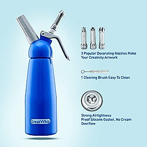 GreatWhip Whipped Cream Aluminum Dispenser Highly Durable Whip Cream Maker 500ml /1 Pint Large Capacity Cream Whipper with 3 Stainless Steel Nozzles & Cleaning Brush (White)