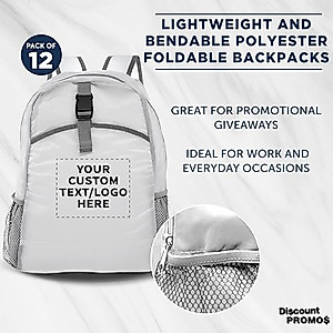 DISCOUNT PROMOS Custom Lightweight Travel Packable Backpacks Set of 12, Personalized Bulk Pack - Perfect for Camping, Outdoor Sports - White
