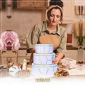 Pack of 3 Stackable Round Metal Tin Containers with Lids – Multipurpose Tins for Cookies, Candies, Kitchen Essentials & More | Thoughtful Gift for Women's / Mother's Day – Elegant White Gold Design