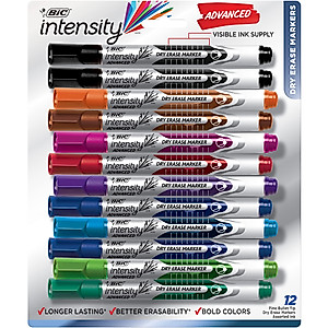 BIC Intensity Advanced Colorful Dry Erase Markers, Fine Bullet Tip, 12-Count Pack of Assorted Colors, Whiteboard Markers for Teachers and Office Supplies (GELIPP121-AST)