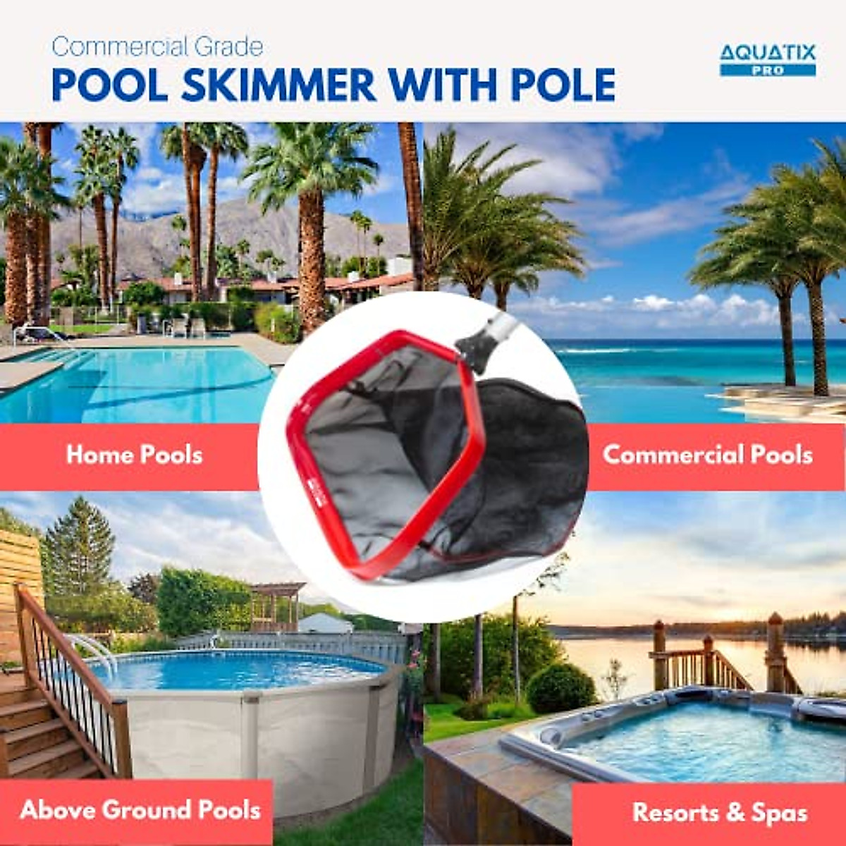 Aquatix Pro Pool Skimmer Commercial Grade with 4-12 feet 1.1mm Thick Silver Telescopic Pole & EZ Clips for Above Ground & Inground Swimming Pools, Fine Mesh Bag Removes All Debris!