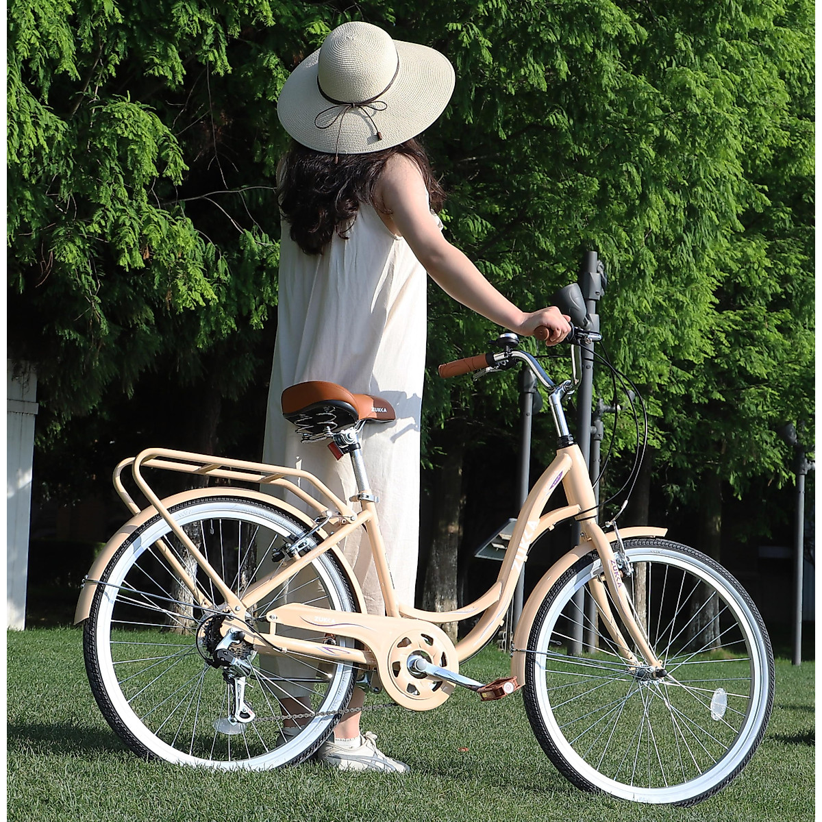 MEGHNA Cruiser Bike Low Step-Through 26inch Commuter Bike V - Brake 7 Speed Shifter Driven City Bike for Women Senior Men (Beige)