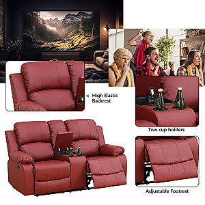Mlxgoie 73" Leather Loveseat Sofa Manual Double Recliner Chair with Cup Holders and Storage Space, 74.5x37x40 in, Red