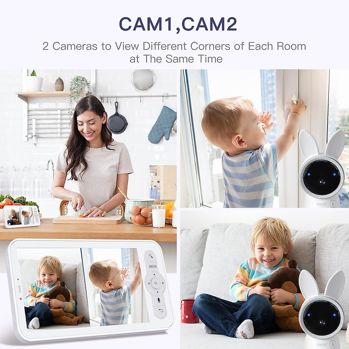 ARENTI Split-Screen Video Baby Monitor, Audio Monitor with Two 2K UHD WiFi Cameras,5" Color 720P Display,Night Vision,Cry Detection,Motion Detection,Temp&Humidity Sensor,Two Way Talk,App Control
