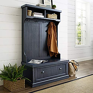 Crosley Furniture Seaside Hall Tree, Entryway Bench with Coat Rack and Shoe Cabinet, Distressed Navy