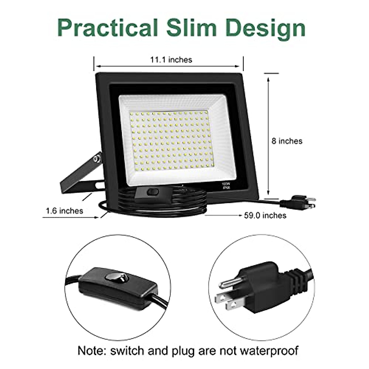 GLORIOUS-LITE 2 Pack 100W LED Flood Light Outdoor, 10000LM LED Work Light with Plug, 6000K Daylight White, IP66 Waterproof Outdoor Floodlights for Yard, Garden, Playground