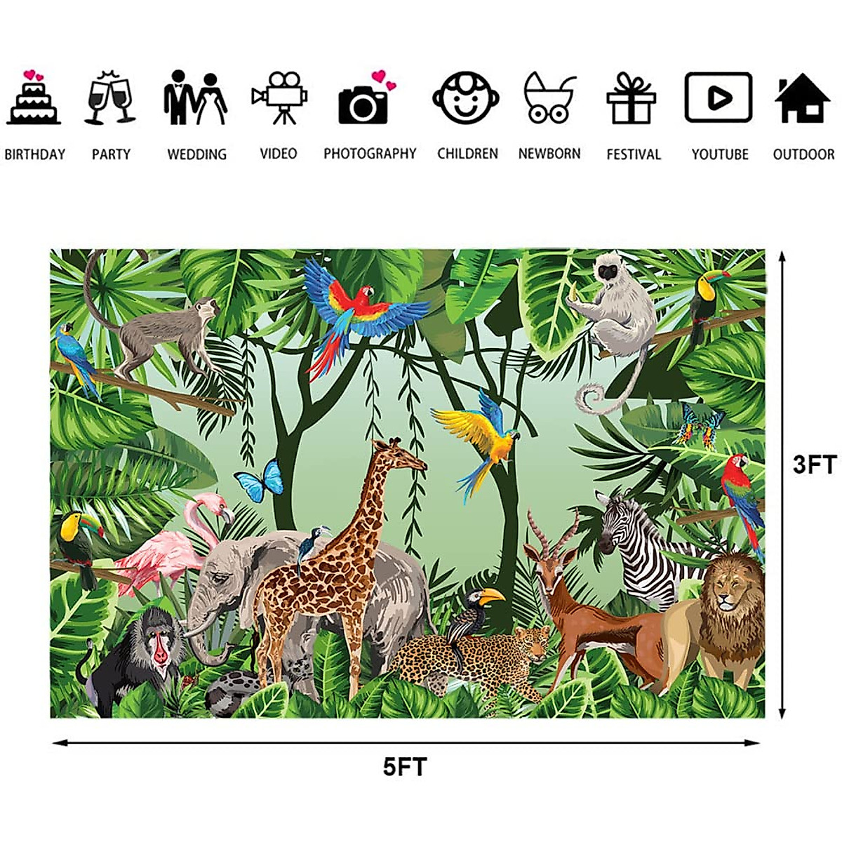 Ticuenicoa 5×3ft Jungle Backdrop Safari Animals Tropical Boy Birthday Baby Shower Birthday Party Wild One Banner Decoration Supplies Favors Gifts Forest Woodland Background Photobooth Prop