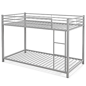 Giantex Twin Over Twin Metal Bunk Beds, Heavy Duty Bed Frame with Safety Guard Rail & Ladder, Low Floor Bunk Bed for Boys Girls Adults Dormitory Bedroom, Noise Free, No Box Spring Needed (Silver)