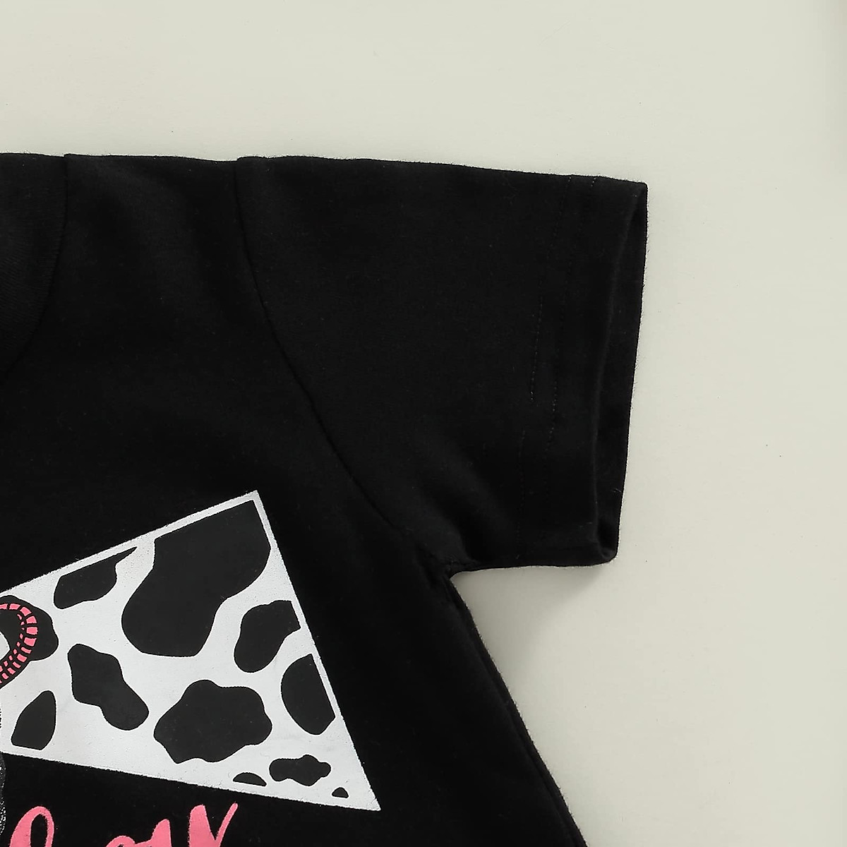 Toddler Western Baby Girl Clothes Bell Bottom Outfit Short Sleeve Letter Tops Cow Print Flare Pant Sets Cowgirl Outfits (D-Black, 4-5 Years)
