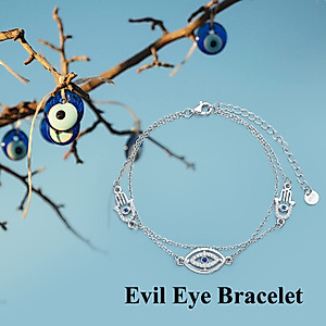 VONALA Sterling Silver Bracelets Claddagh/Celtic Knot/Cross/Evil Eye/Butterfly/Ladybug/Paw Print/Heart/Flower/Stethoscope Charm Link Chain Layered Bracelet Jewelry Gifts for Women (Evil Eye)