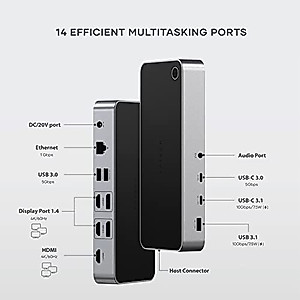 Satechi Triple 4K Docking Station, USB C Docking Station 14 in 1, with 100W PD, 2 DisplayPort, 3 HDMI, 4 USB C, USB-A, Gigabit Ethernet, and Audio Jack for MacBook, Windows