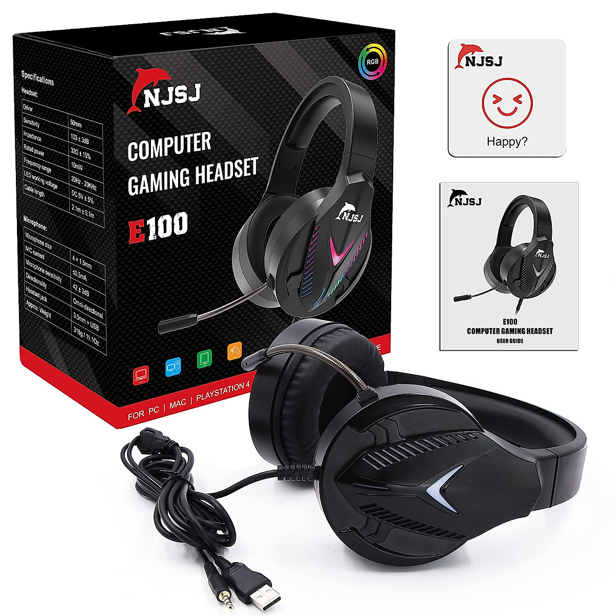 NJSJ Gaming Headset for PS4 PC Xbox One PS5 Controller, Gaming Headphones with Noise Canceling Microphone,Surround Sound,RGB LED Light,Soft Memory Foam Ear Pads for PC, Mac, Laptop, Cell Phones