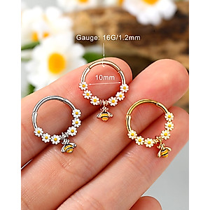 Melighting Bee Septum Rings 16G Dangle Septum Jewelry Stainless Steel 316L Flower Septum Ring Cute Daith Earrings Helix Earring Cartilage Tragus Piercing for Women