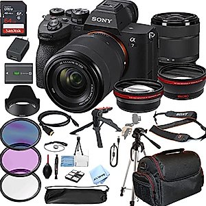 Sony a7 IV Mirrorless Camera with 28-70mm Lens + 64GB Memory, Wide Angle + Telephoto Lens, Filters, Case, Tripod + More (28PC Bundle Kit) (Renewed)