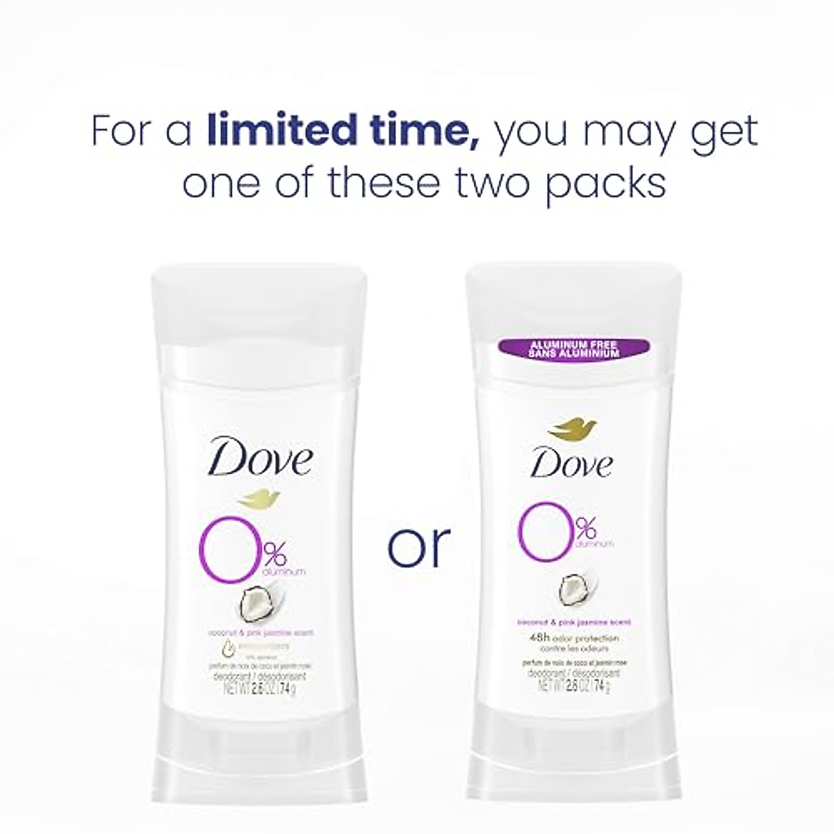 Dove Aluminum Free Deodorant for Women 24-Hour Odor Protection, Coconut and Pink Jasmine, 7.8 Oz, 3 Count