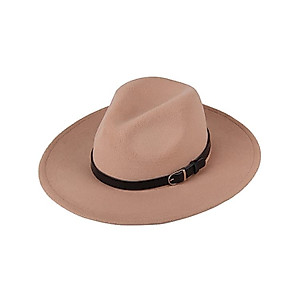 Dantiya Women'/s Wide Brim Wool Fedora Panama Hat with Belt Black, One Size (Camel)