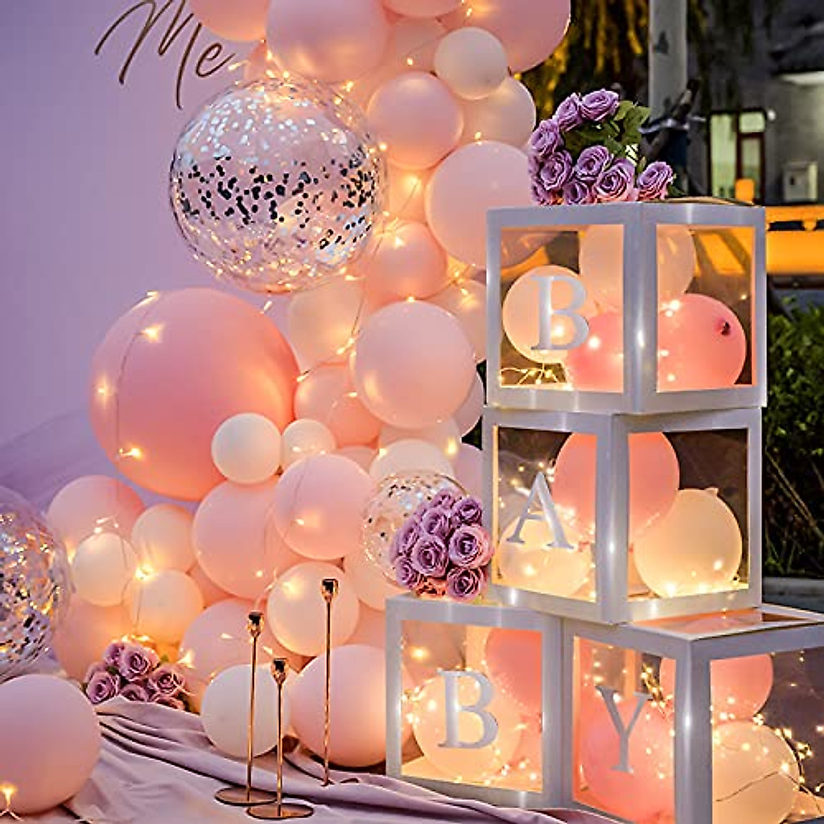 Termichy Baby Shower Boxes Party Decorations with Warm White Fairy Lights, 4 PCS Transparent Balloon Boxes Baby Shower Blocks for Girls Boys Baby Shower, Gender Reveal Decorations (White)
