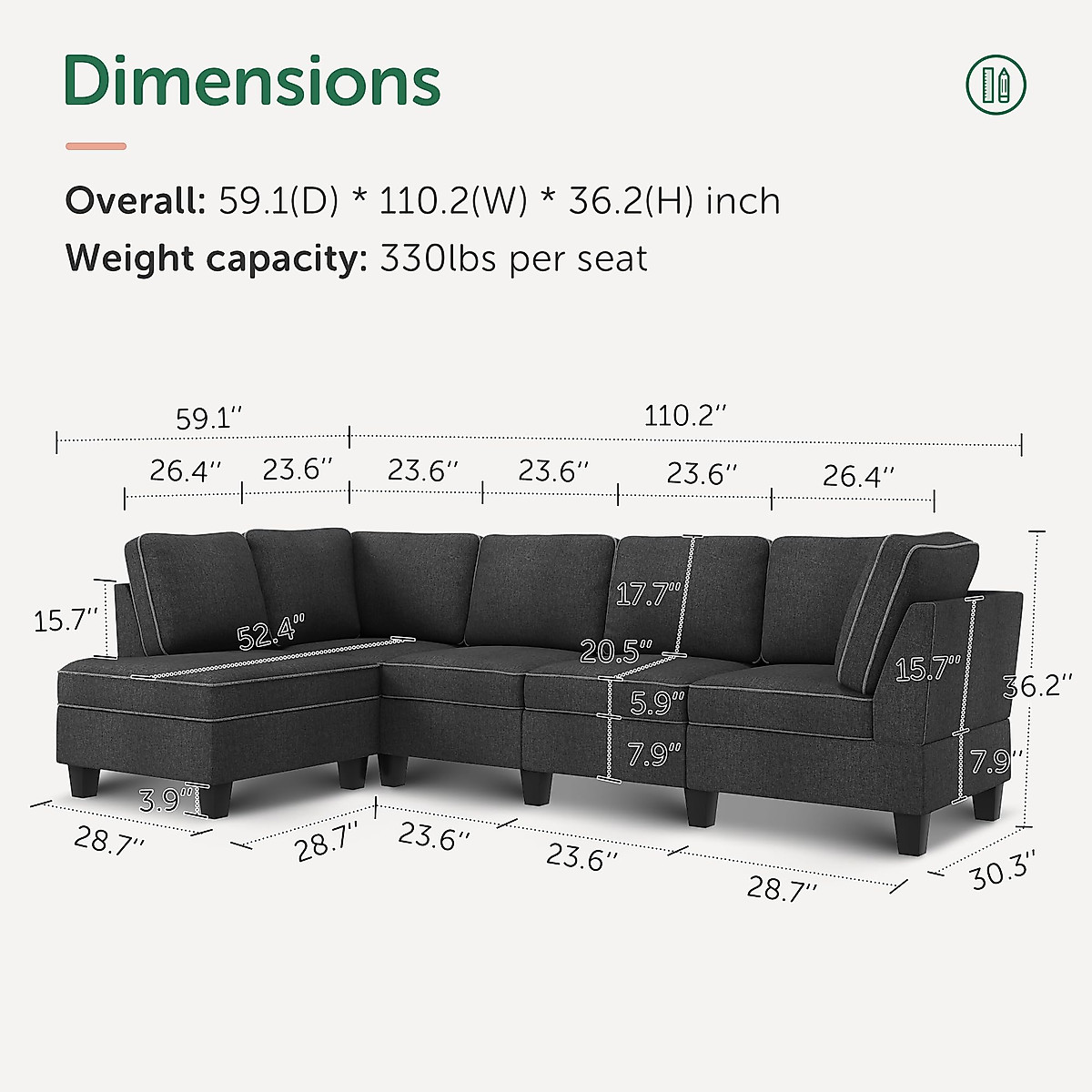 HONBAY Convertible Sectional Sofa, L Shape Couch with Chaise, Reversible Sectional Couch for Living Room, Dark Grey