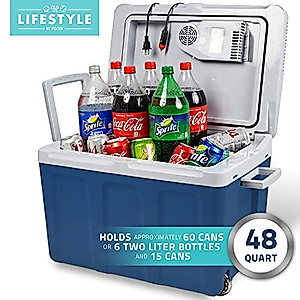 Lifestyle by Focus Electric Travel Cooler/Warmer Portable Camping Cooler Hard Cooler Ice Chest Roller Wheeled Cooler for Car, Home, Beach, Fishing, Camping, Party (Blue) Large 48 Quart, Holds 60 cans
