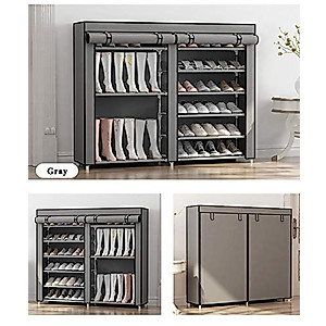 9 Tier Shoe Rack,Double Rows 9 Lattices Large Free Standing Shoe Racks,Shoe Storage Organizer Cabinet with Nonwoven Fabric Dustproof Cover,Space Saving Portable Closet Shoe Cabinet Tower (Gray)