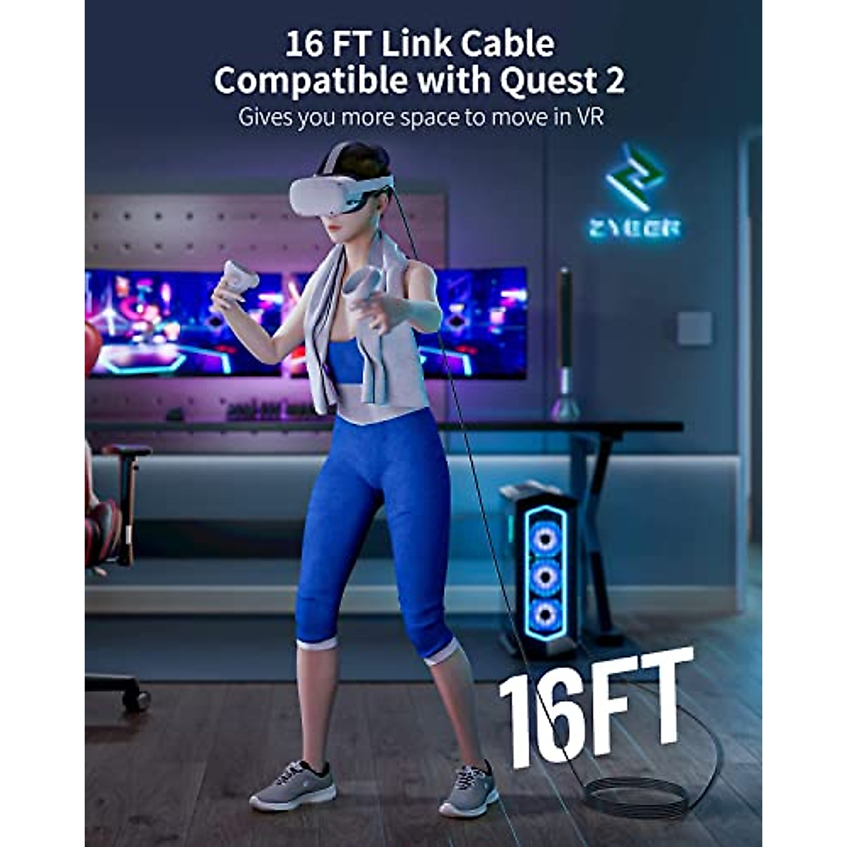 ZYBER Link Cable 16 FT for Meta Quest 2 Quest Pro Pico 4,VR Headset Link Cable for Oculus Quest 2/1 Gaming PC, High Speed USB 3.0 to USB C Cable for PC VR and Steam VR, Black