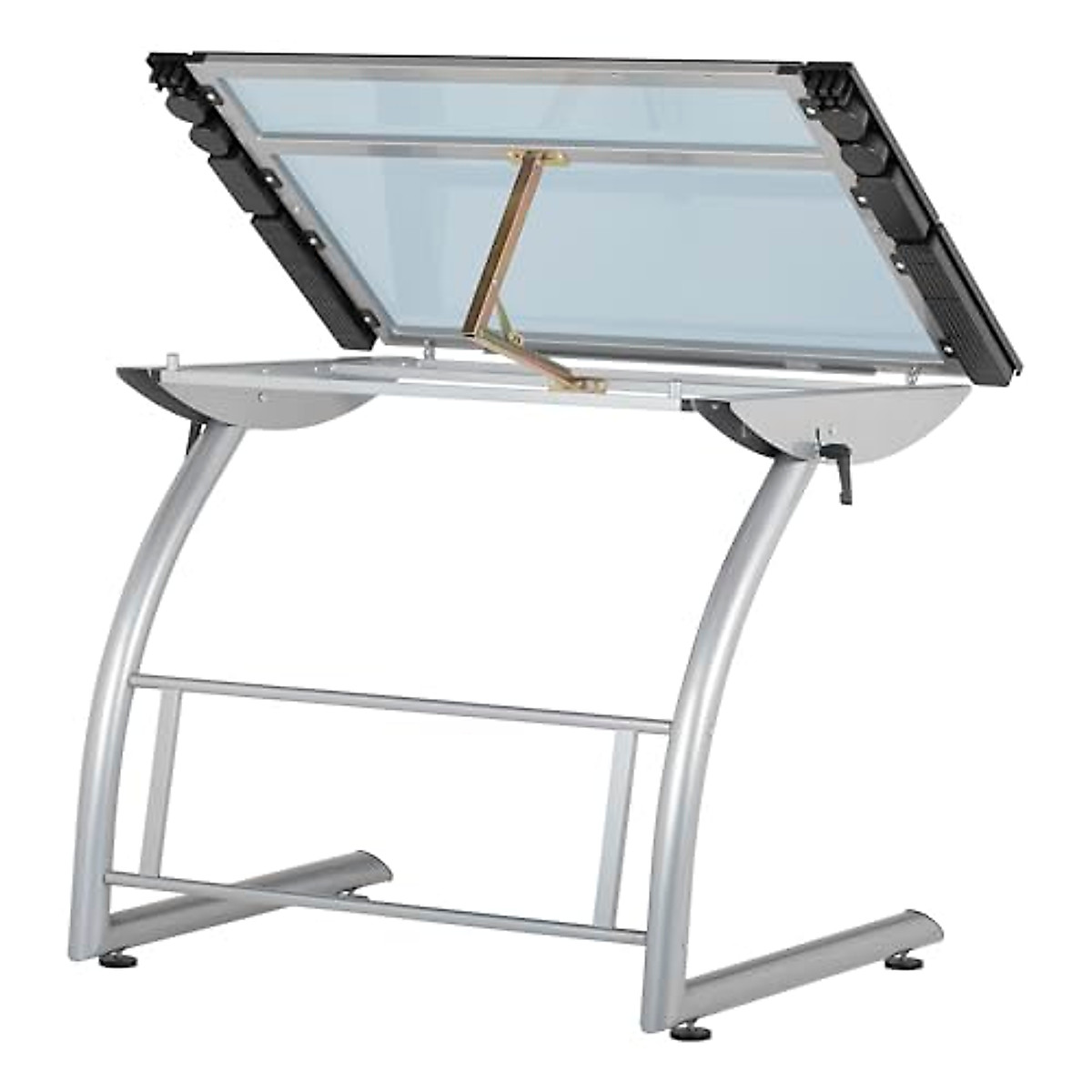 SD Studio Designs Triflex Drawing Table, Sit to Stand Up Adjustable Office Home Computer Desk, 35.25" W X 23.5" D, Silver/Blue Glass