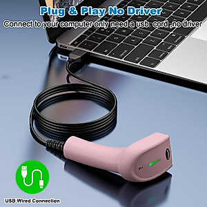 Symcode Handheld Barcode Scanner USB Wired 2D 1D QR Code for Computer POS Support Automatic Screen Scanning, for Mobile Payment, Store, Supermarket, Warehouse Pink