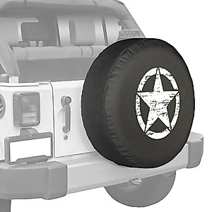 Boomerang - 32" Distressed Star - Spare Tire Cover - (Black Denim Vinyl) for Jeep Wrangler JK (2007-2018) - White Print - Made in The USA