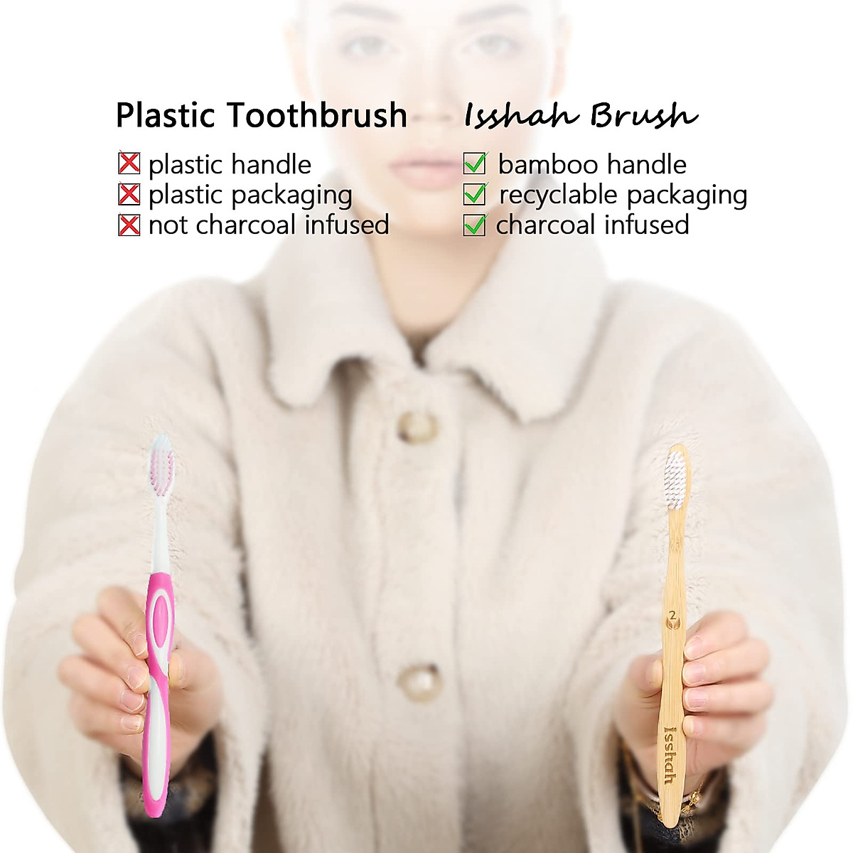 Isshah Biodegradable Eco-Friendly Natural Bamboo Charcoal Toothbrushes, FSC Certified and PETA Approved - 12 Count