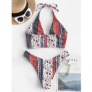 ZAFUL O Ring Halter Bikini for Women High Cut Ribbed Tribal Swimsuits Trendy 2 Piece Bathing Suit White S