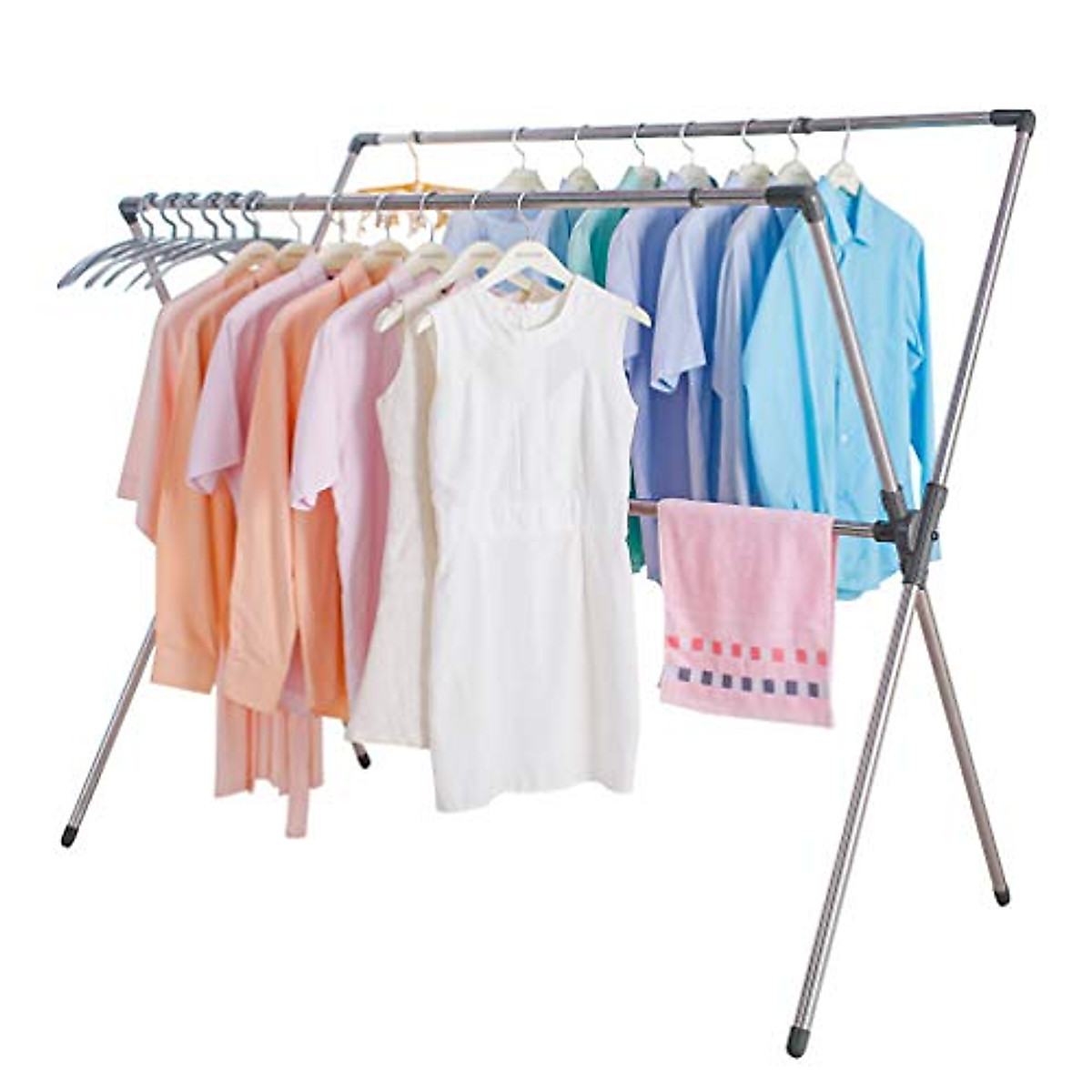 BAOYOUNI Double Poles Folding Clothes Drying Rack Stainless Steel Expandable Rods Space Saving Retractable Heavy Duty Garment Hanger Rail 37'' to 66'', Grey