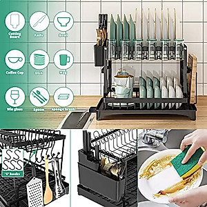 Dish Drying Rack,Dish Rack for Kitchen Counter,2 Tier Large Dish Drying Rack with Drainboard Stainless Steel Dish Drainer with Drainage Utensil Holder for Dish/Knifes/Cup/Cutting Board(16*11*12.5 IN)