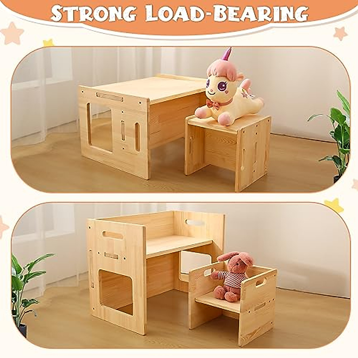 Montessori Weaning Table and Chair Set - Wood Weaning Table and 2 chairs, Solid Wooded Toddler Table, Cube Chairs for Toddlers, Kids Montessori Furniture for Arts & Crafts Snack Time Playing Study