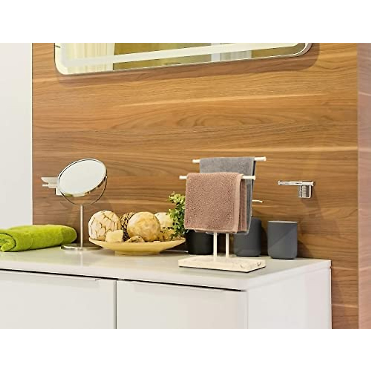 LKKL Hand Towel Holder - Countertop Towel Stand Free Standing - Bathroom Hand Towel Rack Stand Countertop Hand Towel Holder Double T Drying Rack with Soap Tray Resin Base(White)