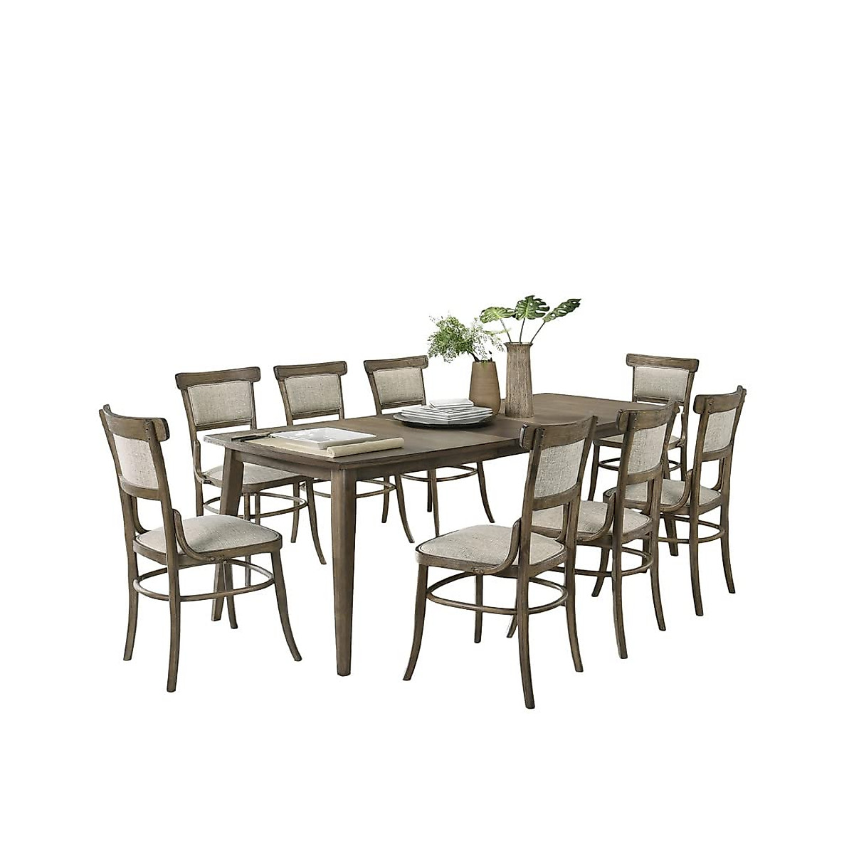Lilola Home Bistro Vintage Walnut Dining Table with Extension Leaf and Off White Fabric Dining Chairs